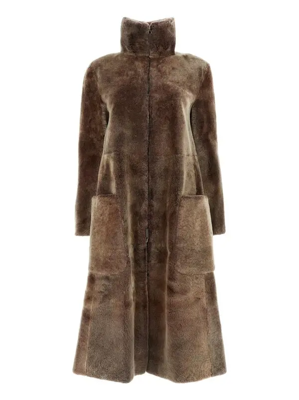 Giorgio Armani Shearling Fur Coat With Funnel Neck - Brown