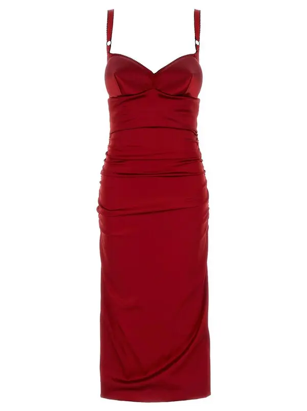 Dolce & Gabbana Draped Satin Sweetheart Neckline Midi Dress - Red