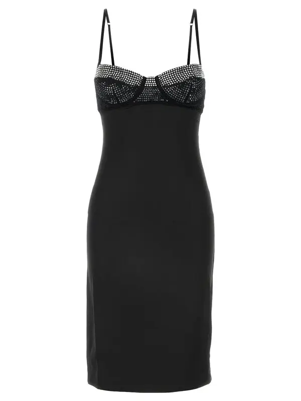 Oseree Stretch Satin Dress With Rhinestone Embellishments - Black