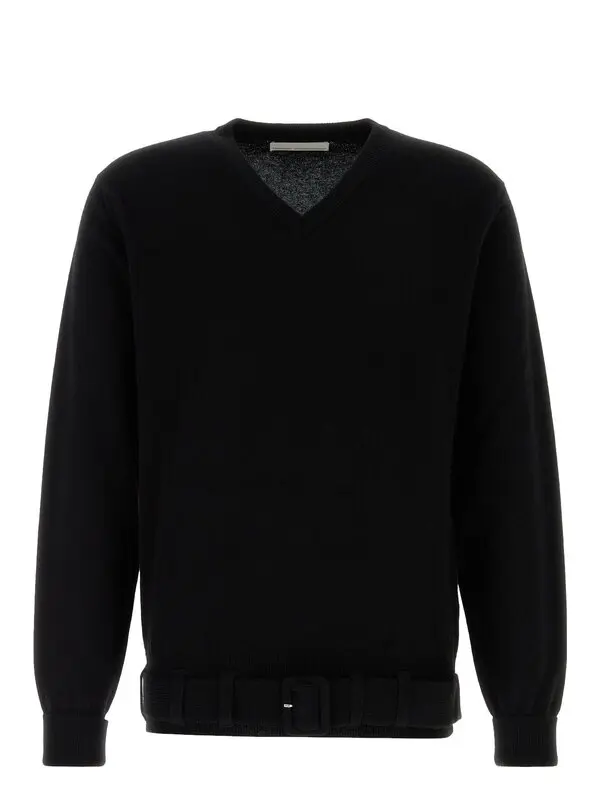 Random Identities Wool Blend V-neck Sweater With Belted Hem - Black