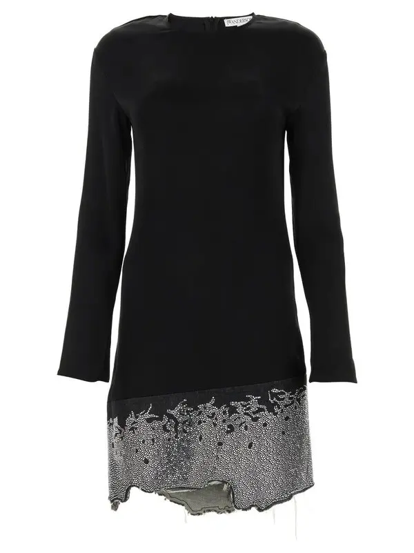 JW Anderson Triacetate Blend Dress With Rhinestone Embellished Denim Hem - Black
