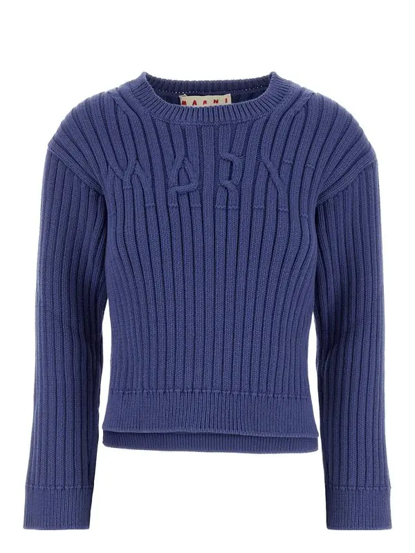 Marni Ribbed Cotton Blend Sweater With Embroidered Logo - Blue