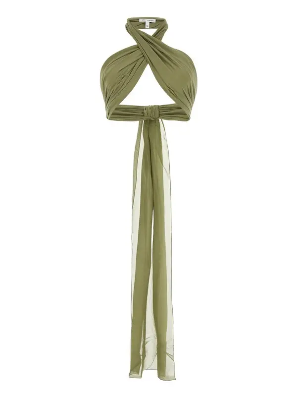 Ami Sage Silk Crop-top With Back Ties - Green