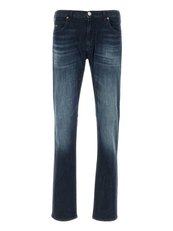 Emporio Armani Stonewashed Stretch Cotton Denim Jeans - Blue