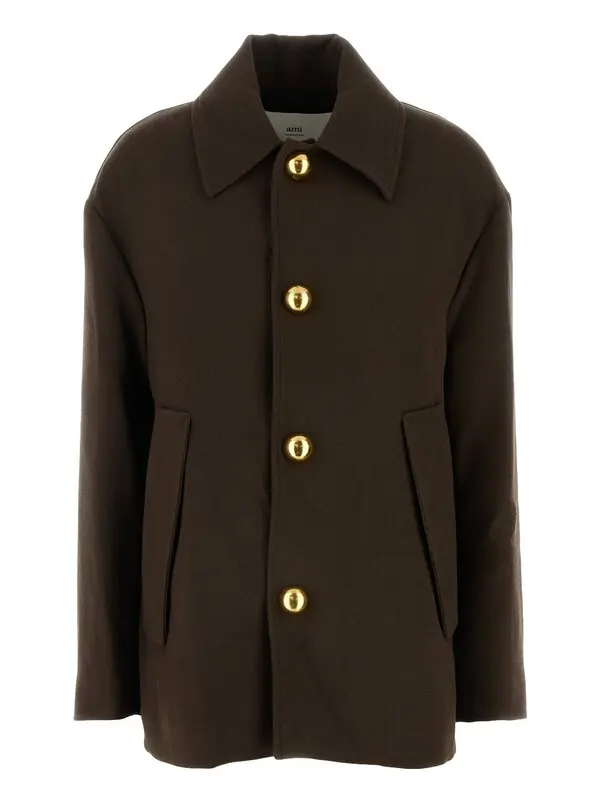 Ami Wool Jacket With Half-belt Detail - Brown
