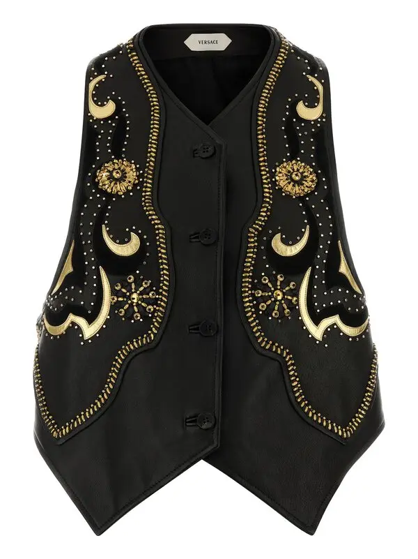 Versace Nappa Leather Vest With Jewel Embellishments And Medusa Head Detail - Black
