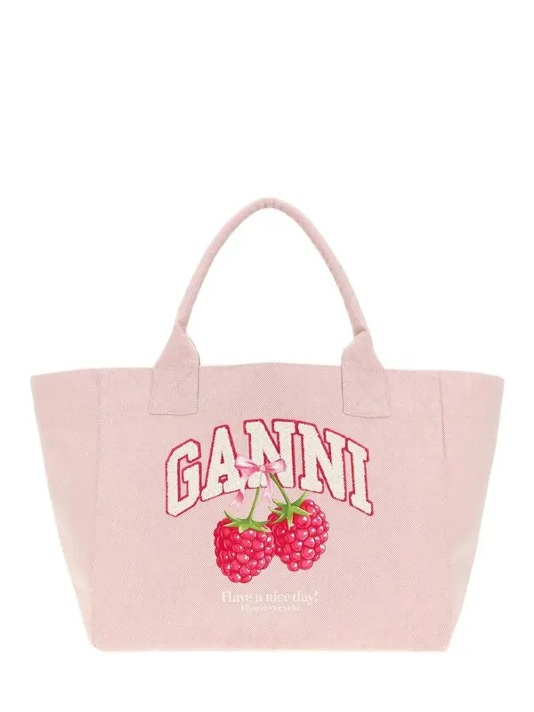 GANNI Canvas Medium Trapeze Shopping Bag With Raspberry Print And Embroidered Logo - Pink