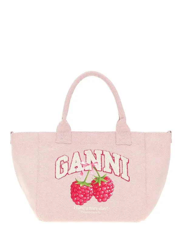 GANNI Canvas Small Trapeze Shopping Bag With Embroidered Logo And Raspberry Print - Pink