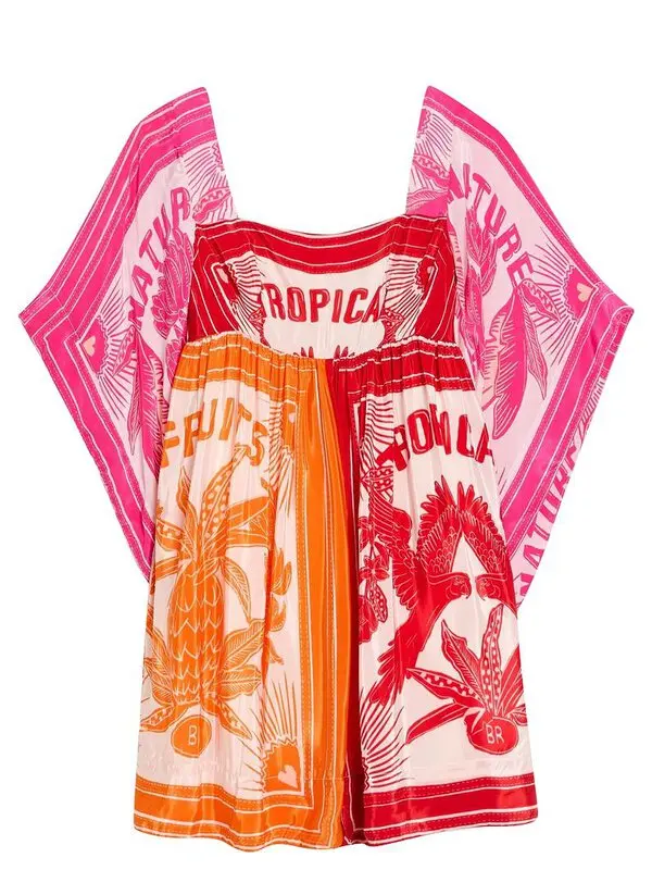 Farm Rio Gathered Printed Satin Mini Dress - Pink
