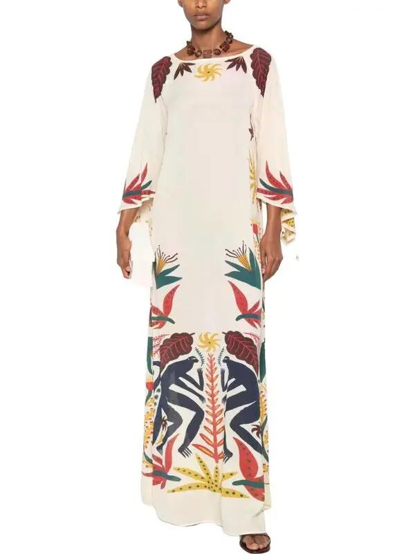 Etro Graphic Print Cape Sleeve Maxi Dress - Neutrals