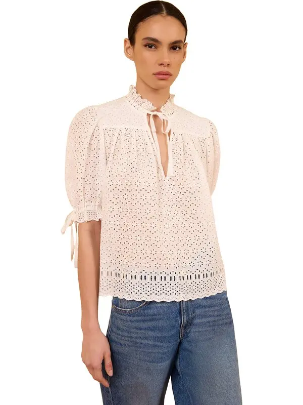Ulla Johnson Alouette Cotton Eyelet Top With Puff Sleeves - Pristine