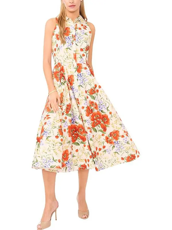 Ted Baker London Floral Print Midi Dress With Shirt Collar - Fire Orange