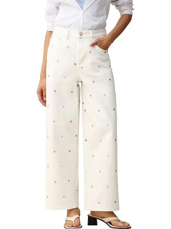 BAYEAS High Rise Wide Leg Jeans With Floral Embroidery - White