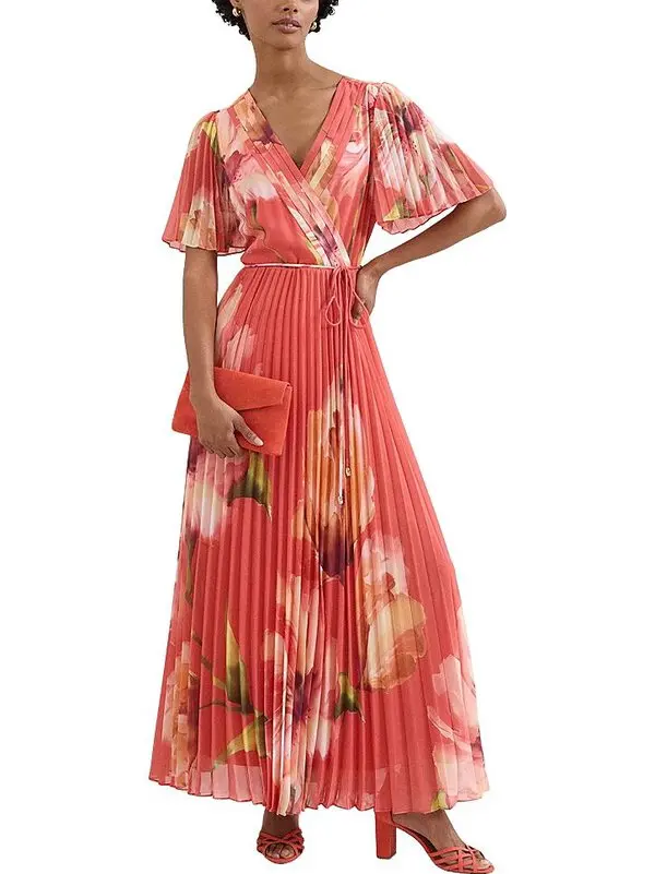 PHASE EIGHT Petites Abigail Pleated Floral Maxi Dress - Orange