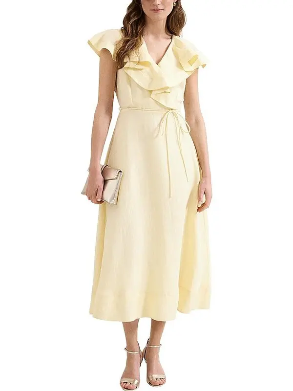 PHASE EIGHT Ruffled V-neck Midi Dress - Pale Yellow