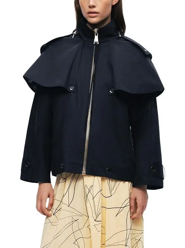 NOCTURNE Hooded Short Trench Jacket With Cape Overlay - Black