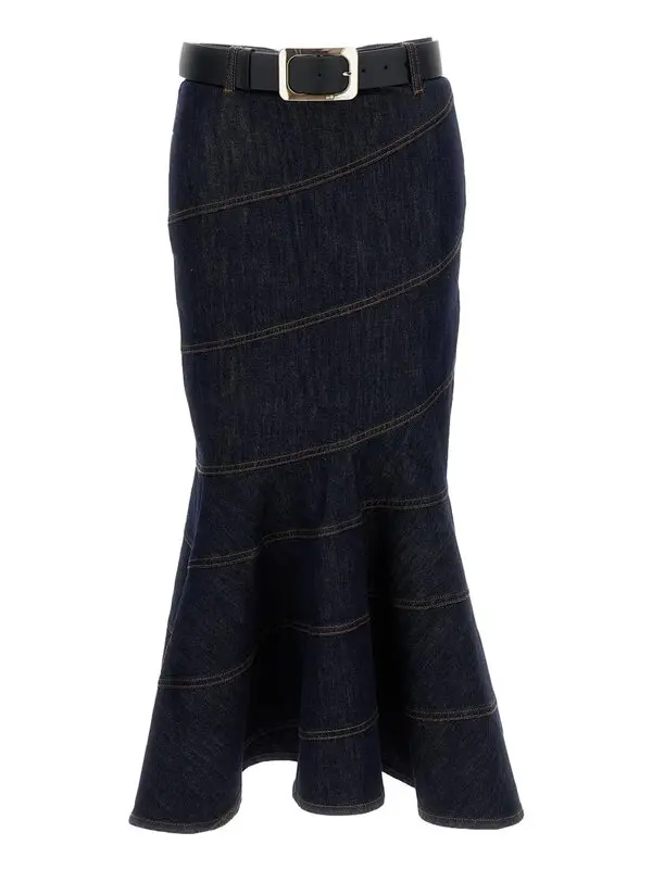 SELF-PORTRAIT Denim Mermaid Skirt With Belt - Blu