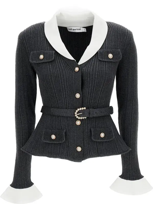 SELF-PORTRAIT Ribbed-knit Cardigan With Contrasting Details - Grey