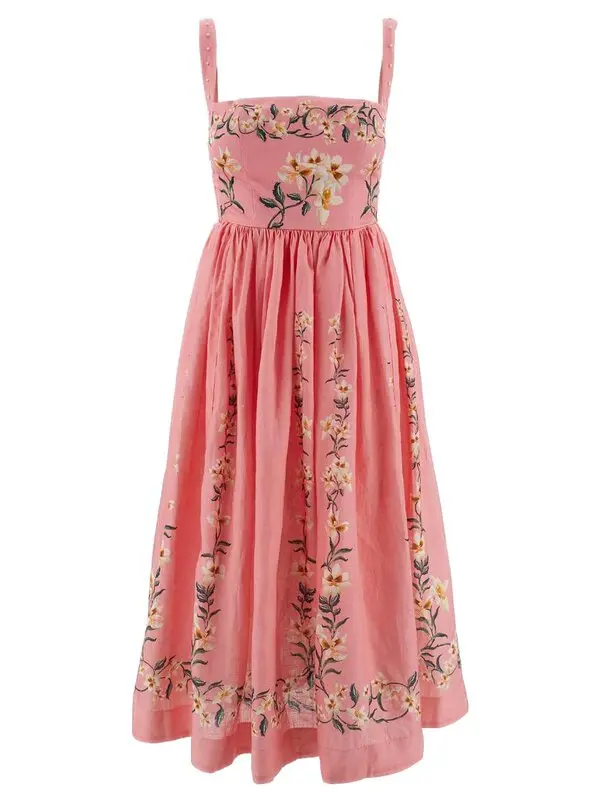 Agua Bendita Linen Midi Dress - Rose