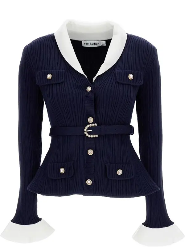 SELF-PORTRAIT Rib-knit Cardigan With Pearl Buckle Belt - Blu