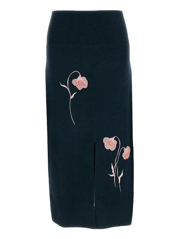 Erdem Knitted Midi Skirt With Floral Embroidery - Verde