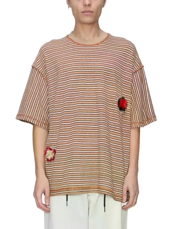 SONG FOR THE MUTE Striped Flower-patch T-shirt - Orange