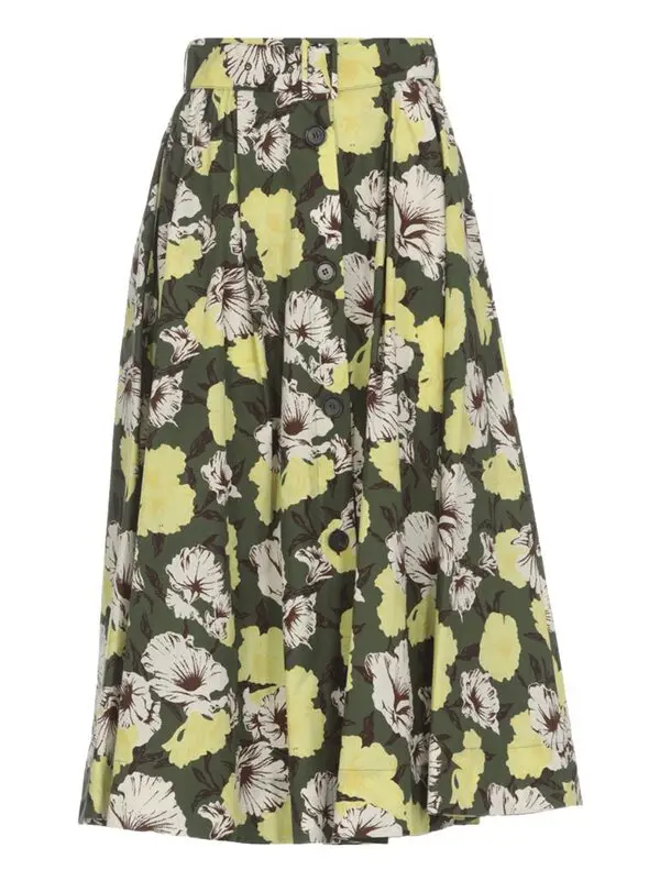 MSGM Floral Print Midi Skirt With Button Detail - Green