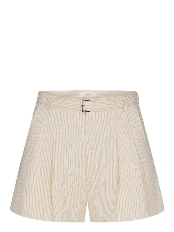 FRAME Striped Pleated Shorts With Belt - Ecru Multi