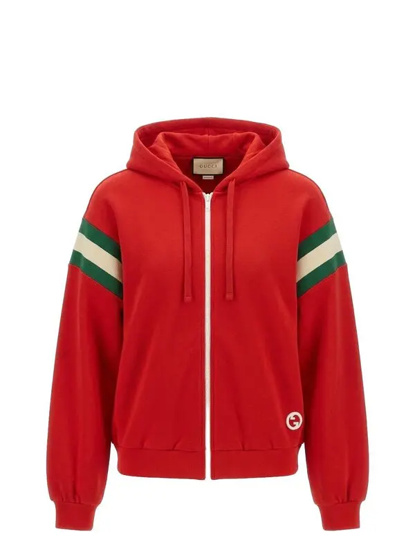 Gucci Jersey Zipped Hoodie With Interlocking G Patch - Red