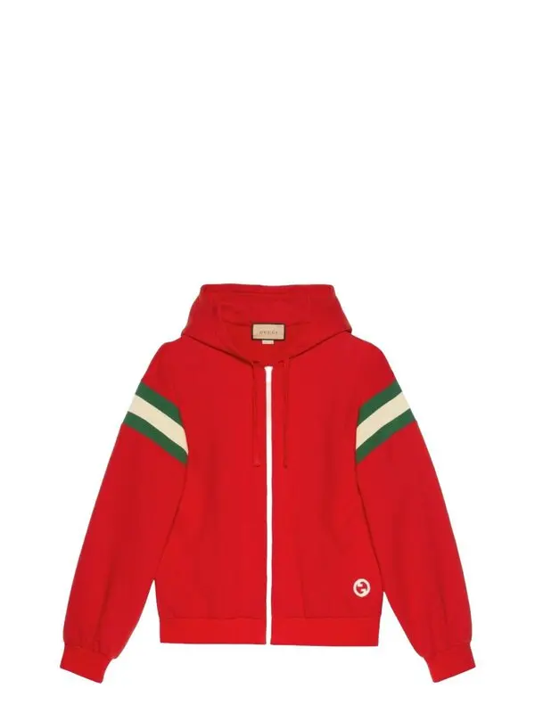 Gucci Jersey Zipped Hoodie With Interlocking G Patch - Red