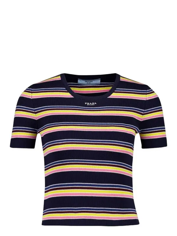 Prada Striped Ribbed Crewneck Top - Blue