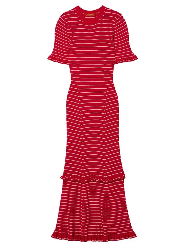 Altuzarra Delpini Ruffled Striped Ribbed-knit Midi Dress - Red