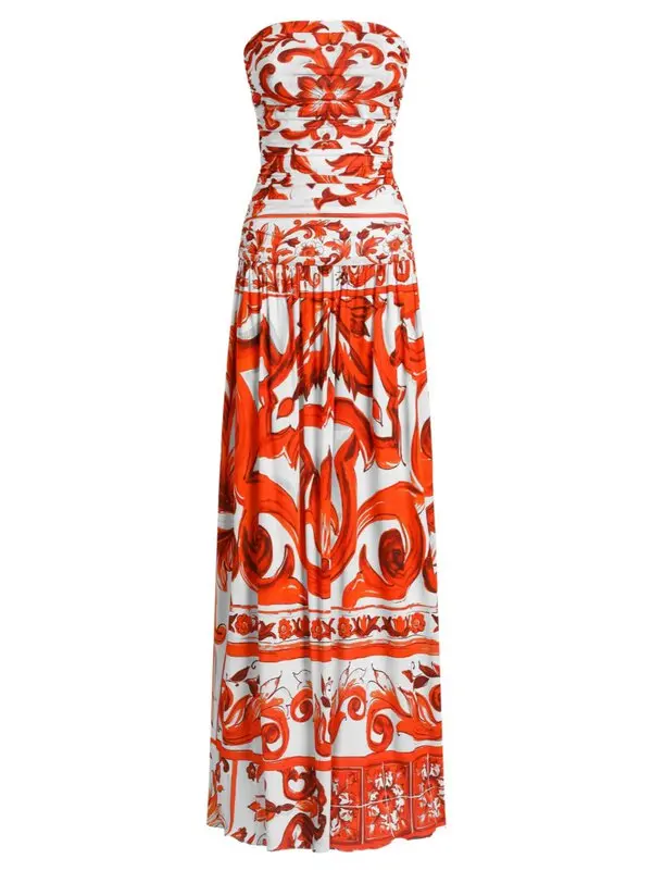 Dolce & Gabbana Majolica Print Organza Strapless Maxi Dress - Red