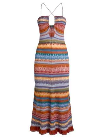 Etro Long Knit Cotton Dress With Stripes And Openwork - Multicolor