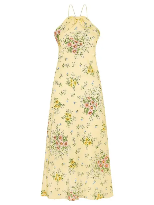RODARTE Floral-print Bow-detailed Halterneck Silk-crepe Midi Dress - Nude