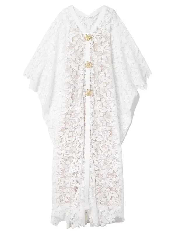 Oscar De La Renta Embellished Guipure Lace Kaftan Gown - White
