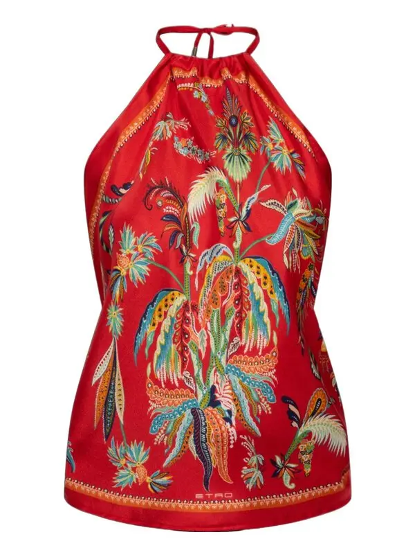 Etro Halterneck Silk Top With Paisley Foliage Motif - Red
