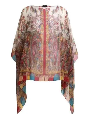 Etro Silk Poncho Top With Paisley And Floral Motifs - Nude