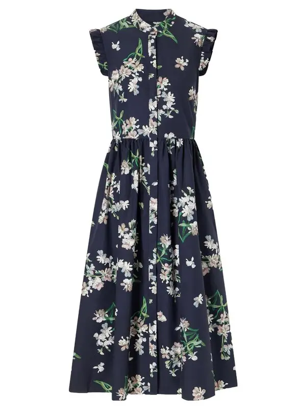 Erdem Pleated Ruffled Floral-print Cotton-poplin Midi Dress - Black