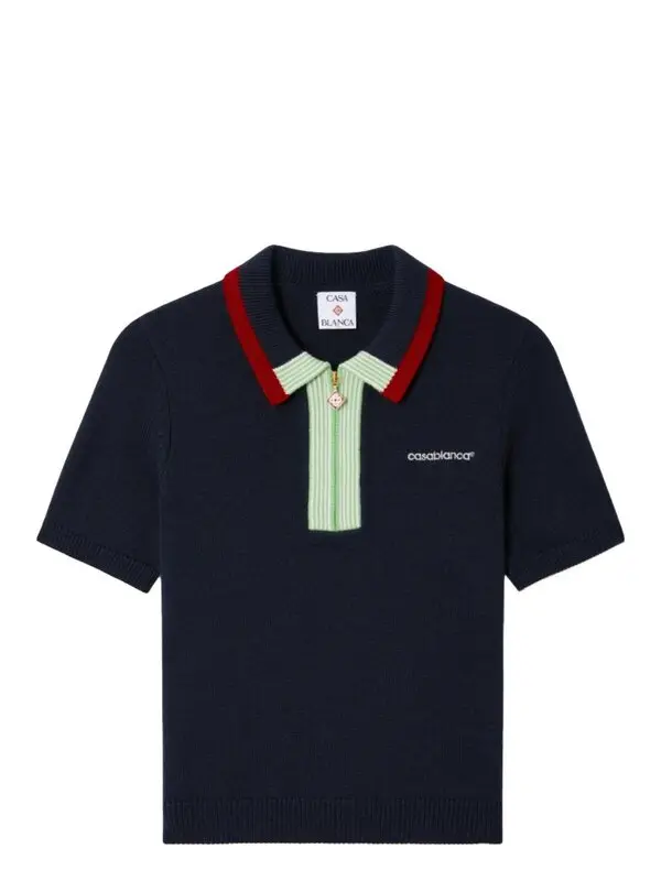 Casablanca Navy Merino Short Sleeve Polo Shirt - Navy Blue
