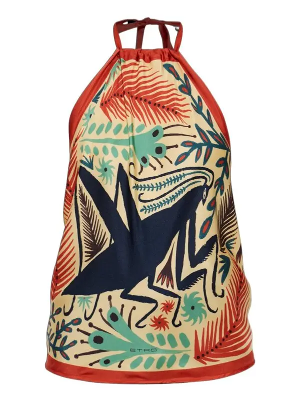 Etro Silk Halterneck Top With Artistic Print And Trim Detail - Multicolor