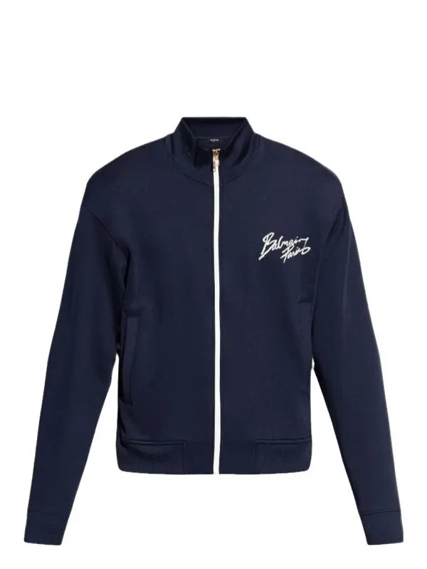 Balmain High-neck Long-sleeve Zip-up Jacket With Chest Print - Black
