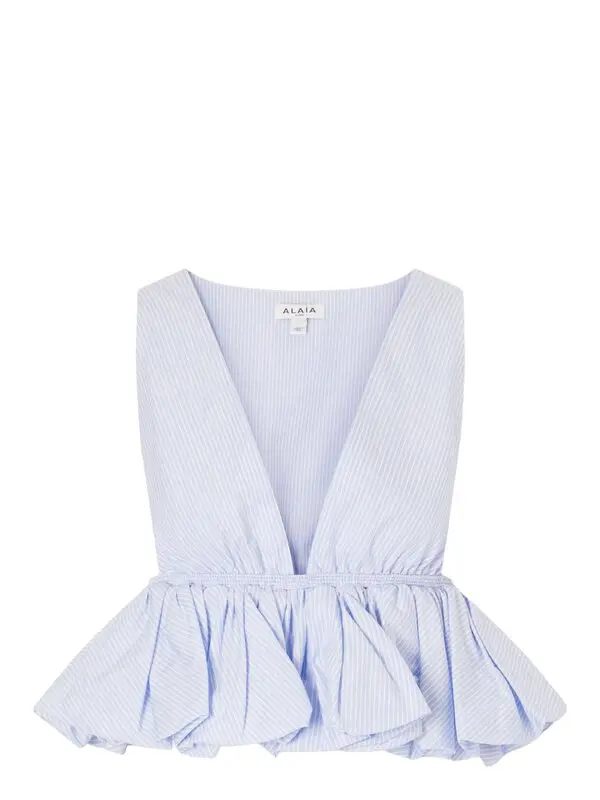Alaïa Cropped Striped Cotton-poplin Blouse With Ruffled Hem - White