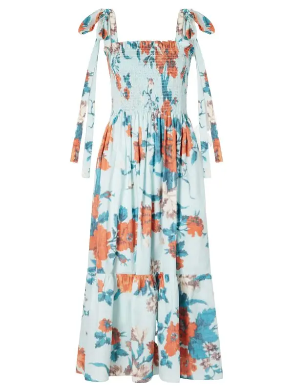 Erdem Shirred Floral-print Cotton Midi Dress - White