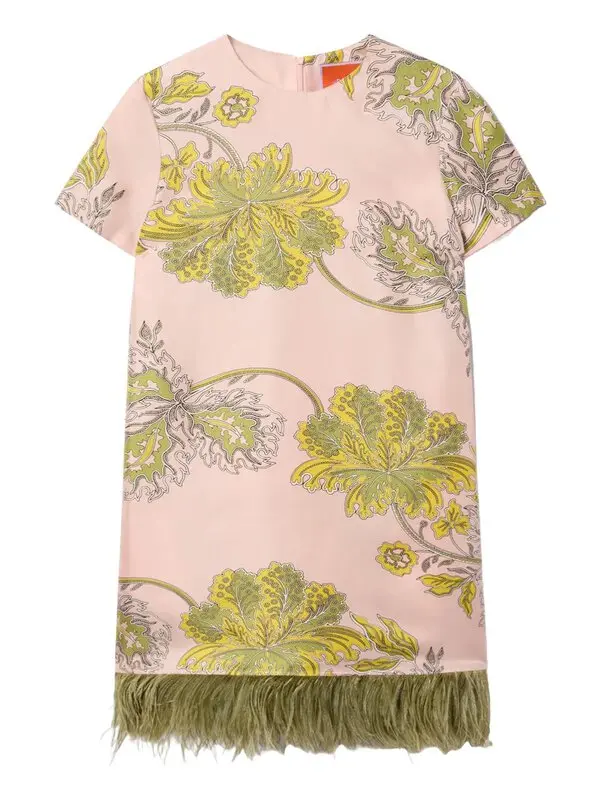 La DoubleJ Mini Swing Dress With Feather Trim - Nude