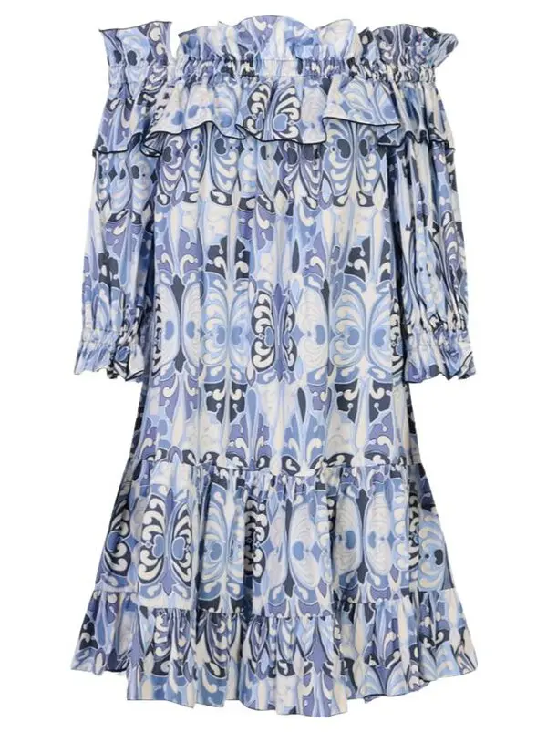 La DoubleJ Off-the-shoulder Printed Midi Dress - Blue