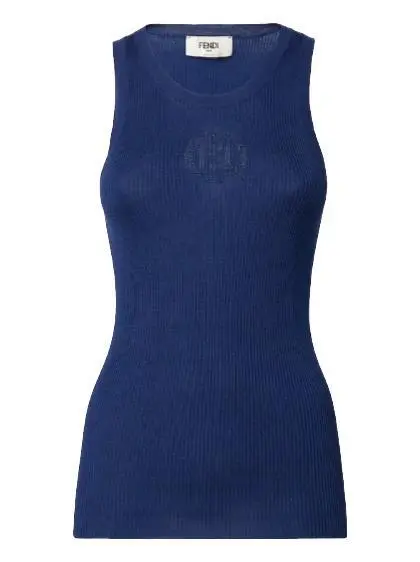 Fendi Sleeveless Ribbed Knit Top With Stamp Motif - Blue