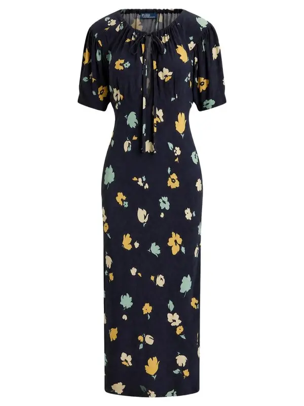 Polo Ralph Lauren Floral Print Keyhole Midi Dress - Navy Blue