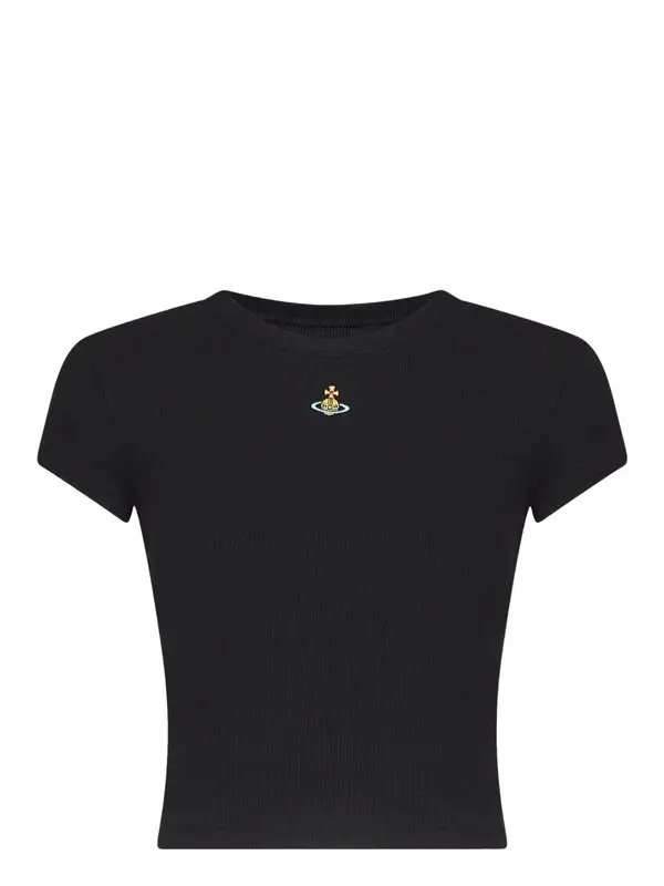 VIVIENNE WESTWOOD Cropped Ribbed T-shirt With Orb Embroidery - Black