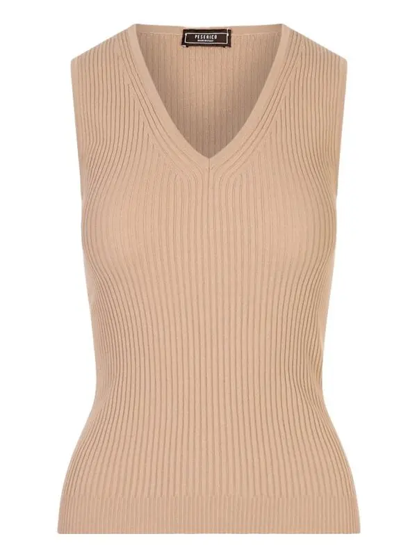 Peserico Sleeveless V-neck Ribbed Knit Top - Nude